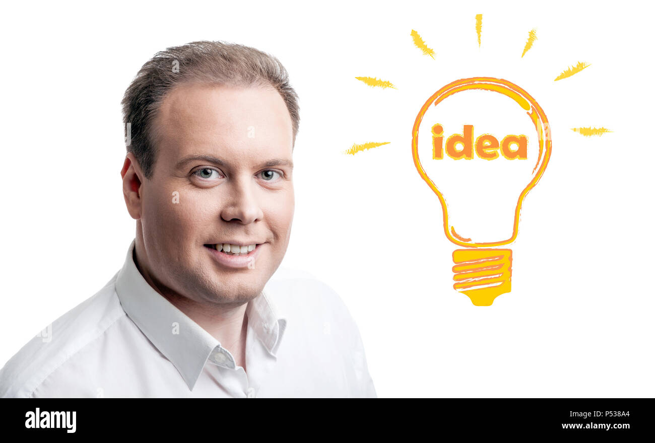 portrait of a man with an idea on a white background Stock Photo - Alamy