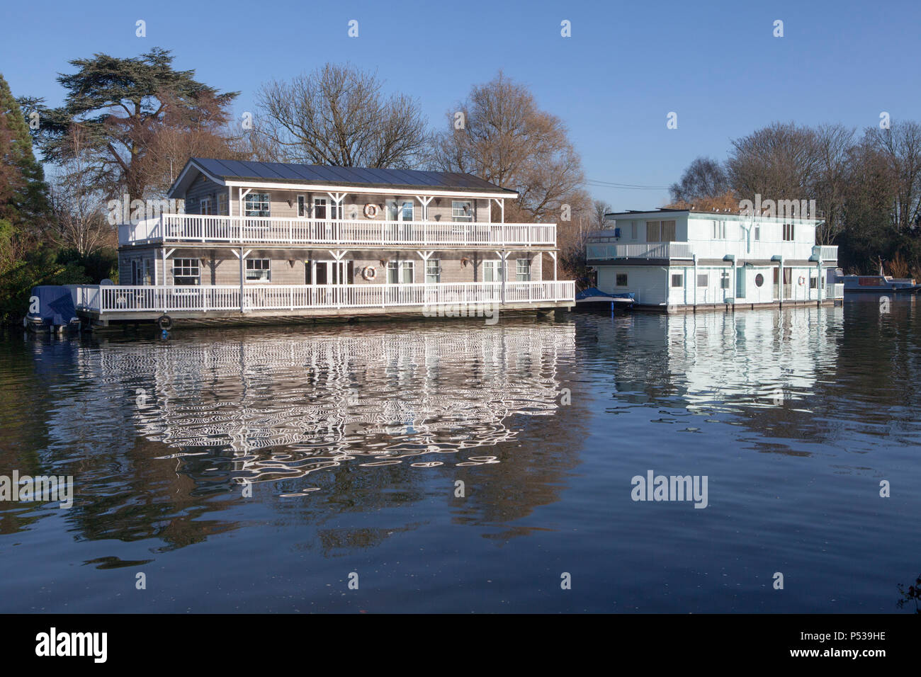 Houseboats moored on the River Thames at Walton-on-Thames near London ...