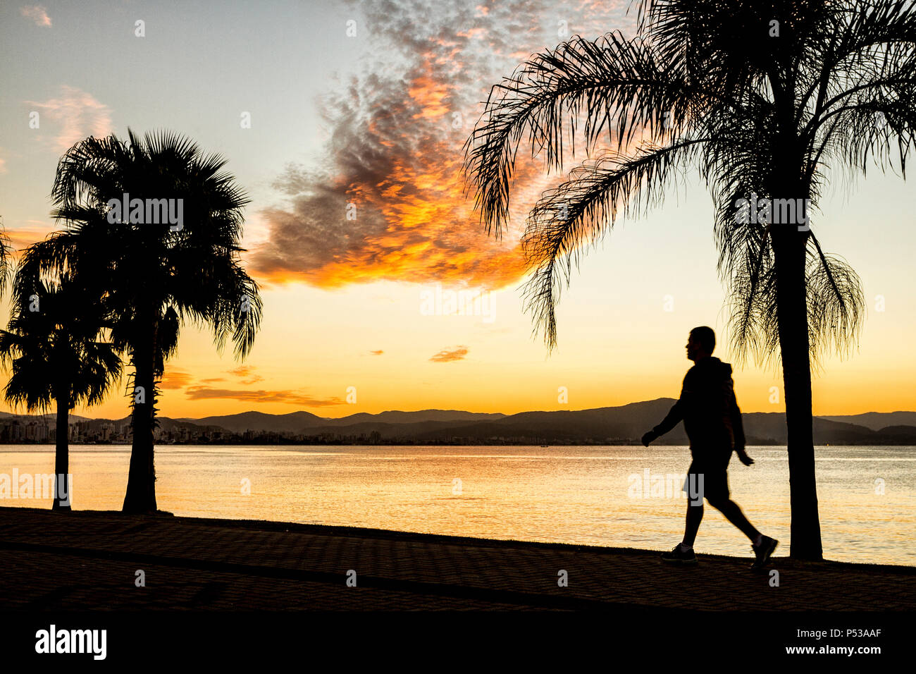 Silhouette of a man walking on the sidewalk of Beira Mar Norte Avenue ...