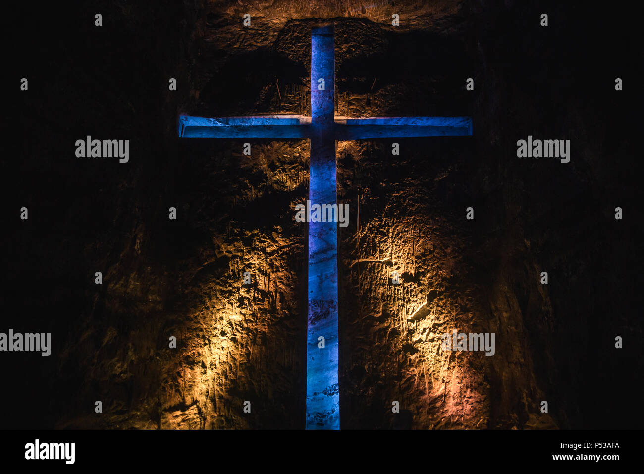Large blue cross made of salt in the famous Salt Cathedral (Catedral de ...