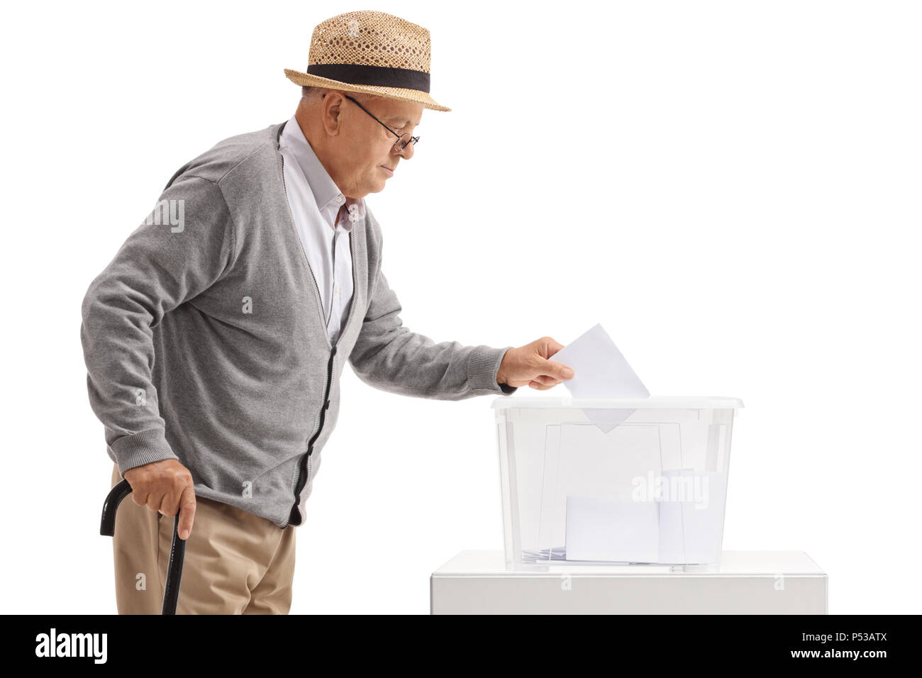 Mature man voting isolated on white background Stock Photo - Alamy