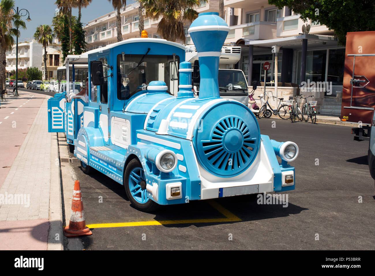 A fun city train for sightseeing in the island of Kos, Greece Stock ...