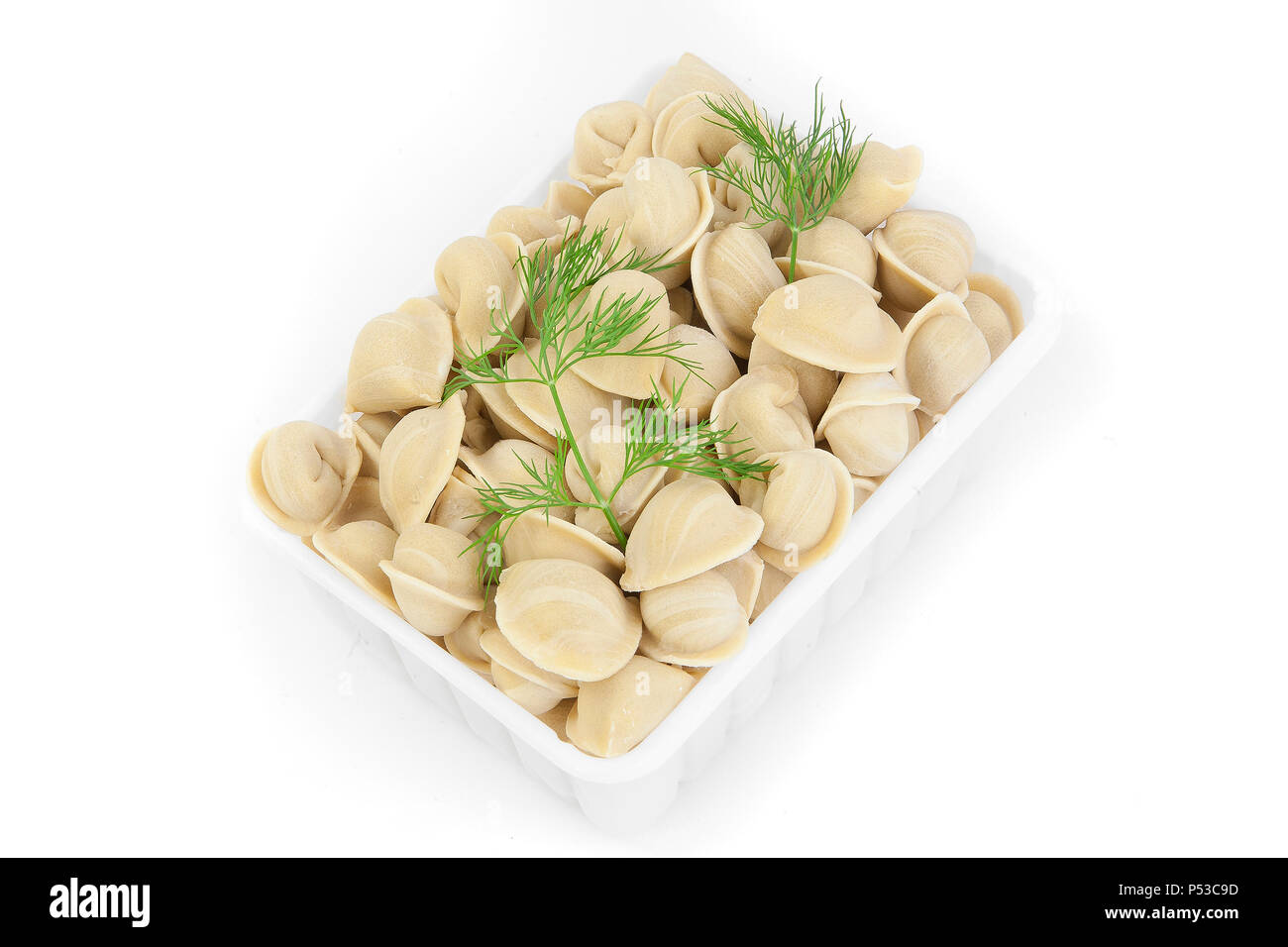 Freshly frozen semi-finished products. Pelmen made from tender chicken ...