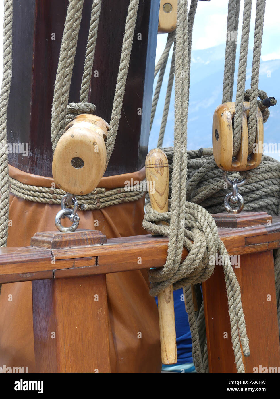 BELAYING PIN and pulleys on the 1926 sailboat Siora Veronica on Lake ...