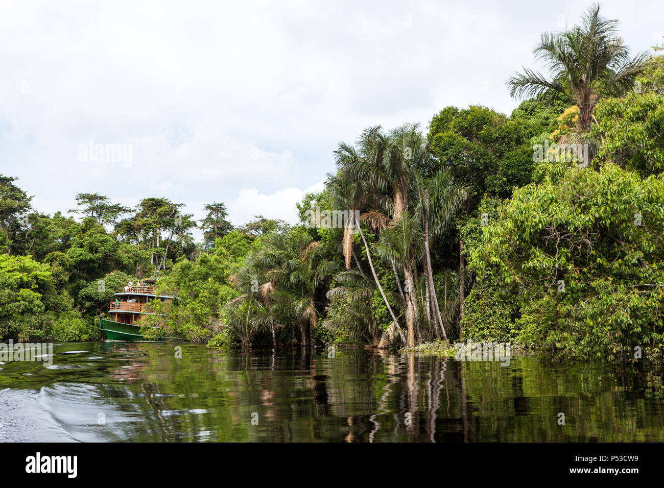 Amazonas, Brazil. A traditional wooden boat on an affluent river of the ...