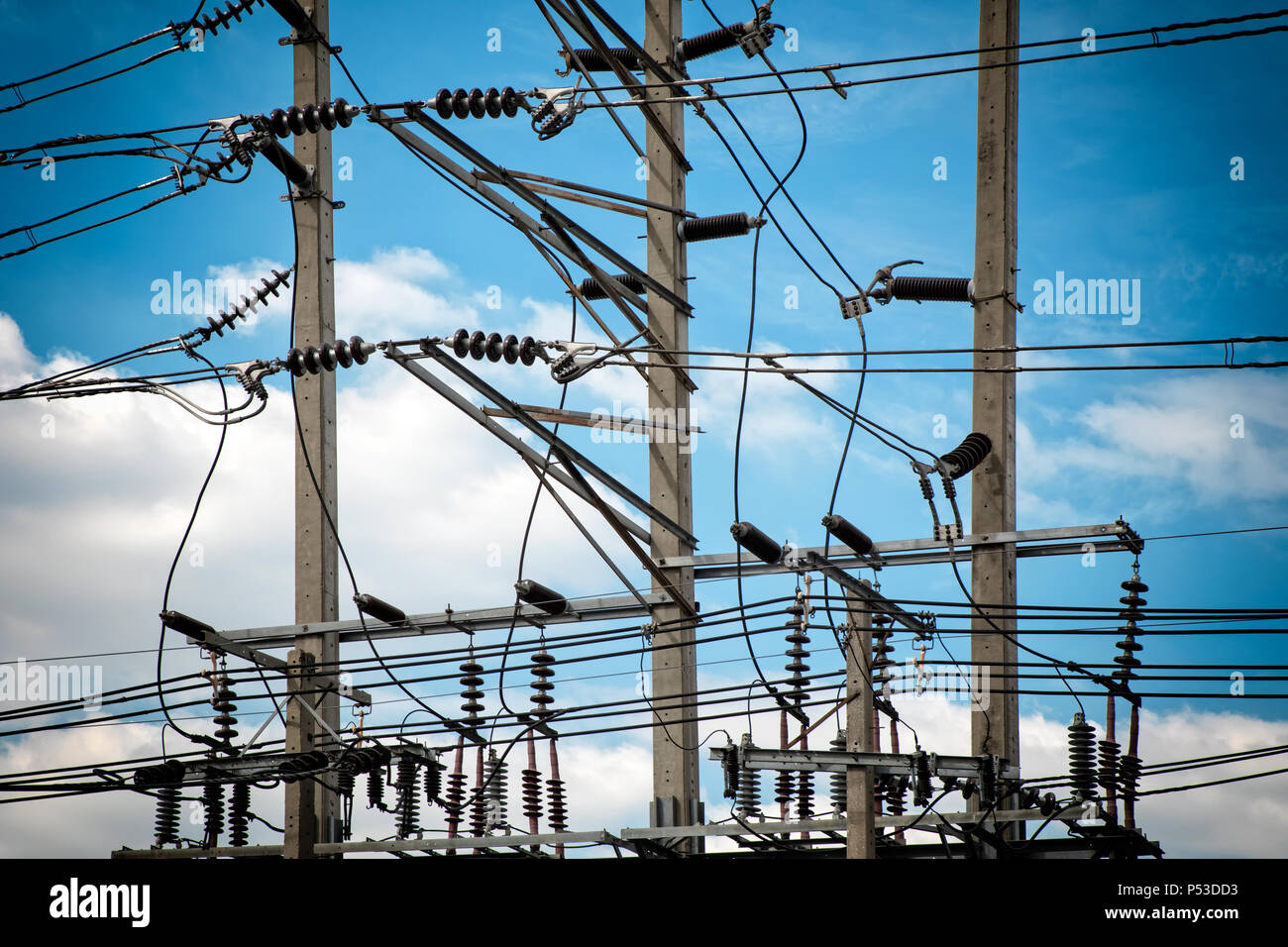 Close up shot of electricity power line over clear sky Stock Photo - Alamy