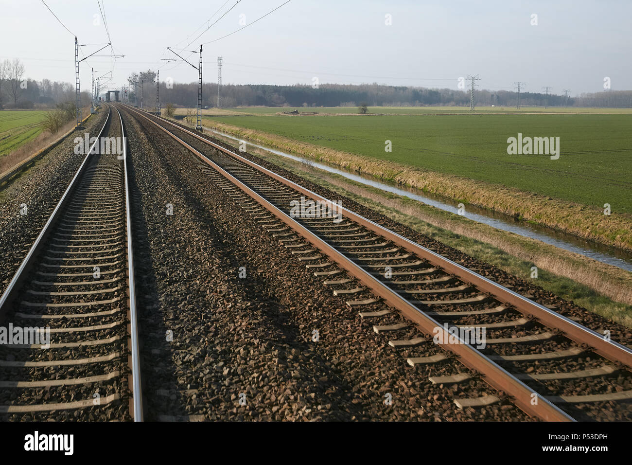 Schoenwalde, Brandenburg, Germany - View from the driver's station of a ...