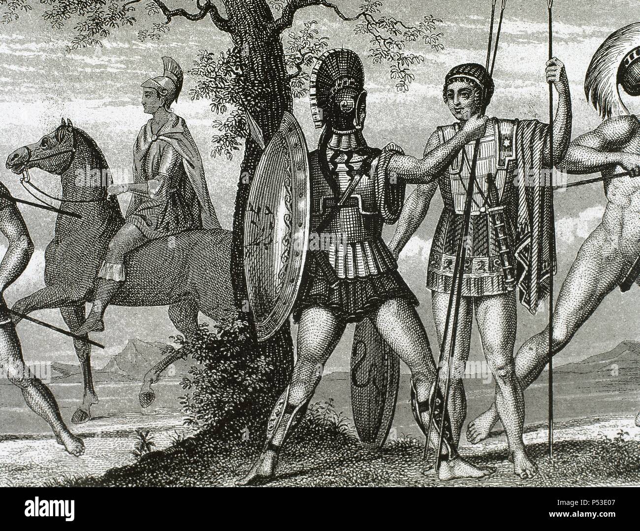 Two Greek soldiers. Hoplite, heavy infantry, with helmet, shield and ...