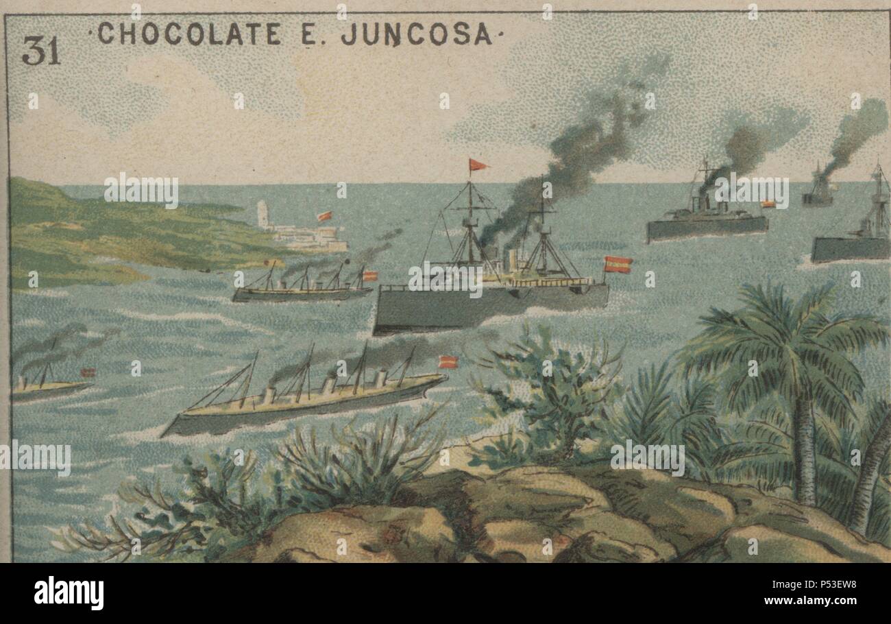 Guerra de Cuba (1896-1898). Entrada de la escuadra española en Santiago ...