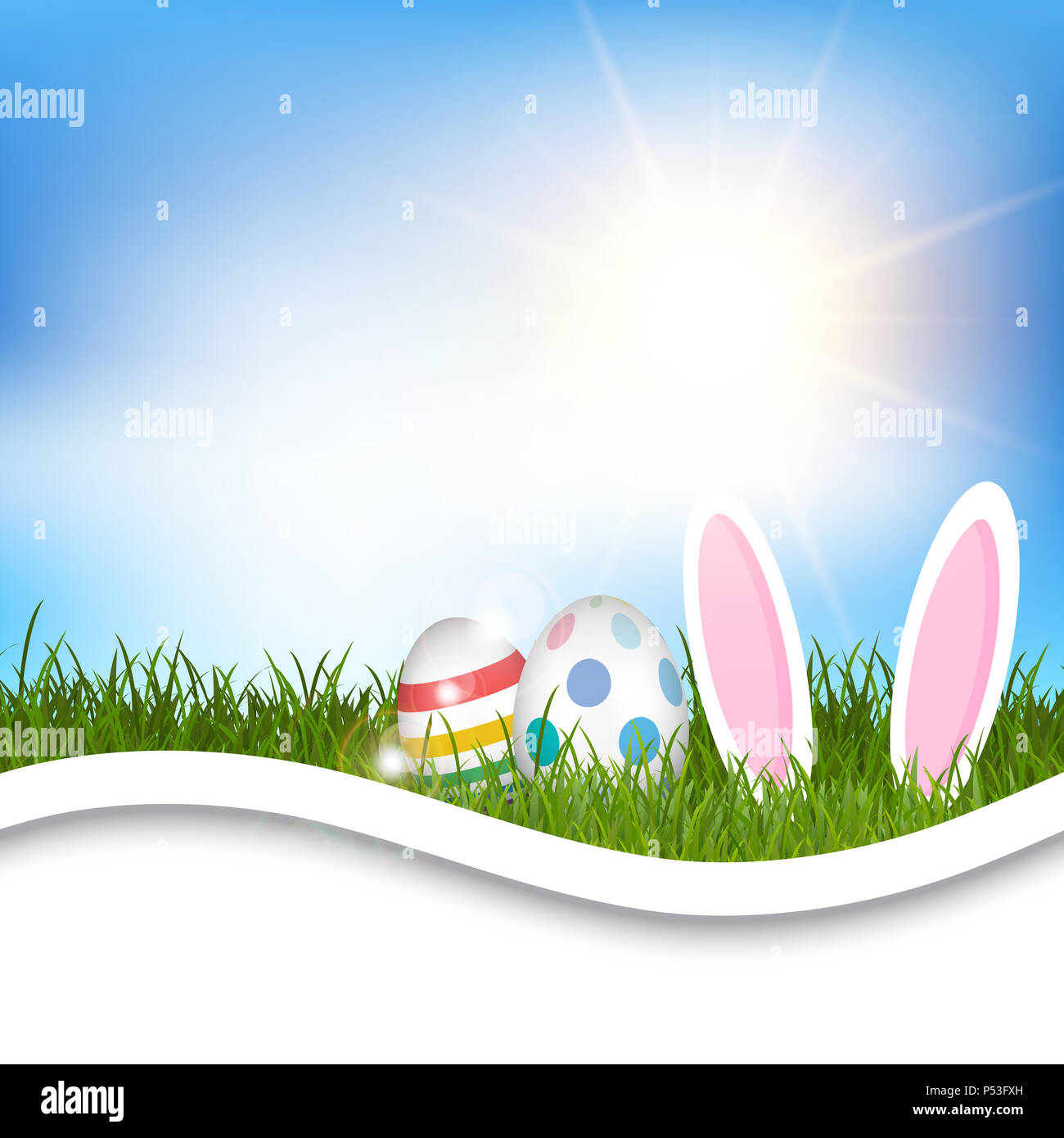 Easter background with eggs and bunny ears in grassy landscape Stock ...