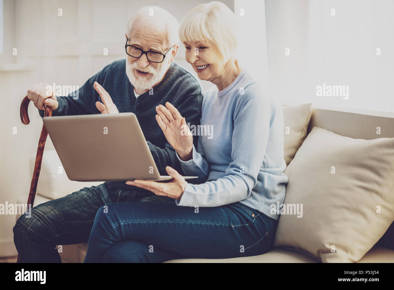 Positive senior people doing a video call Stock Photo - Alamy