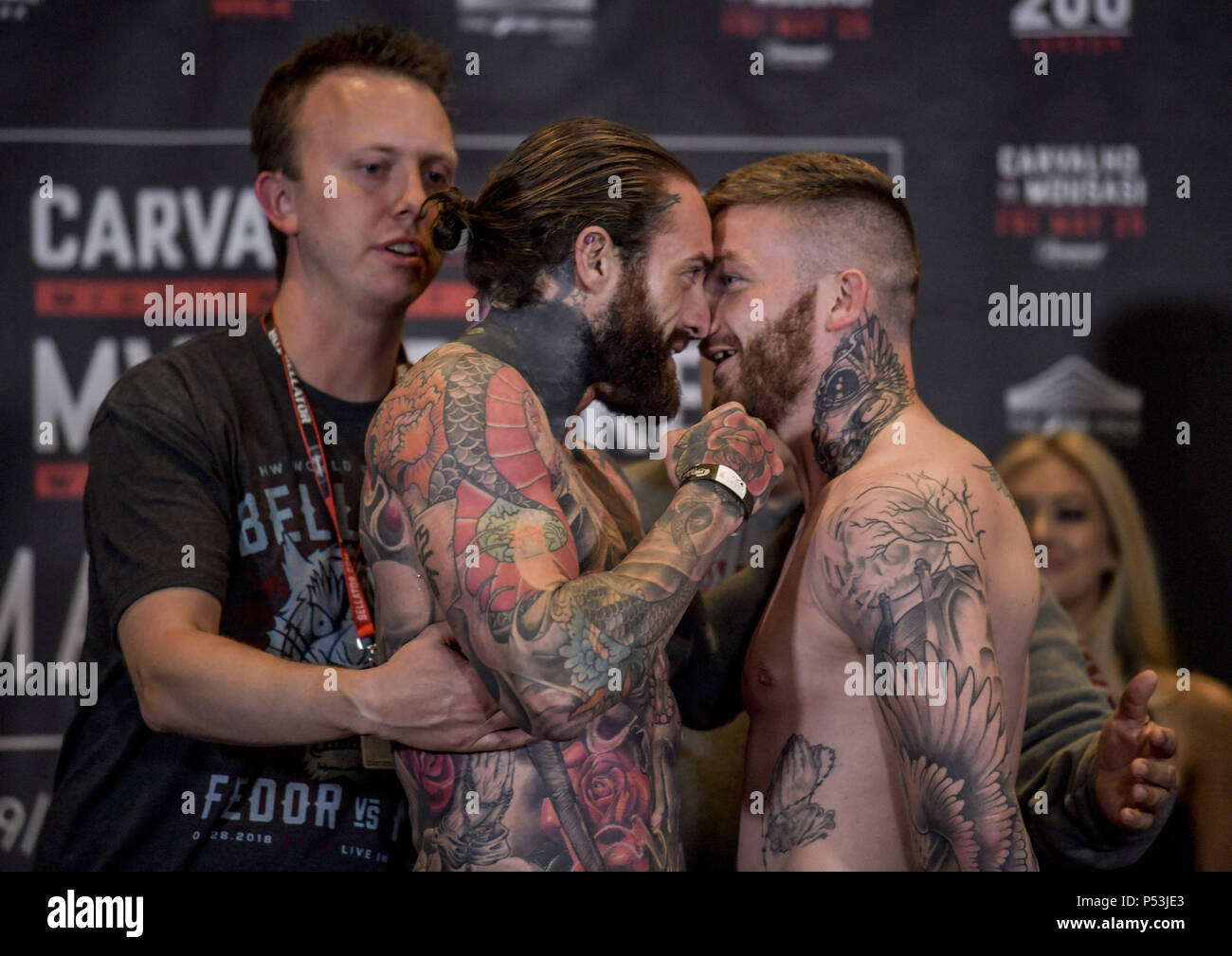 Bellator 200 MMA event weigh-in and faceoffs Featuring: Aaron Chalmers, Ash Griffiths Where ...