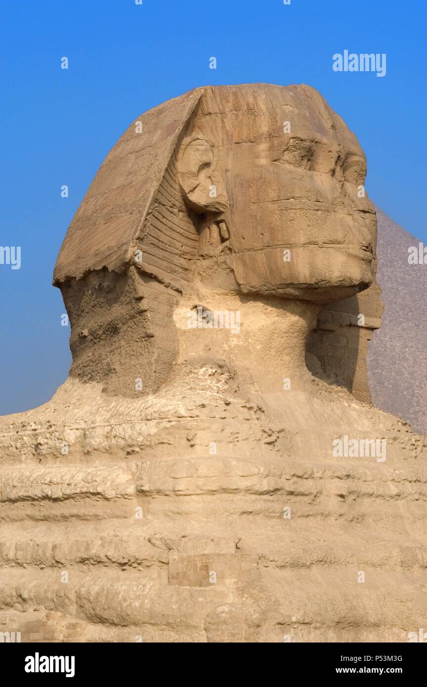 Egypt. Great Sphinx of Giza. Limestone statue with lion body and human ...
