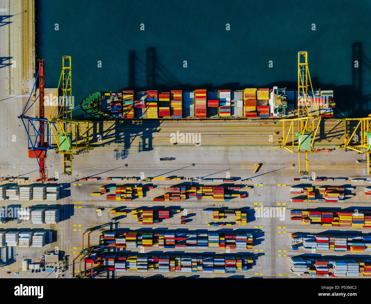 Aerial view of the commercial port of Valencia. Container terminal and ...