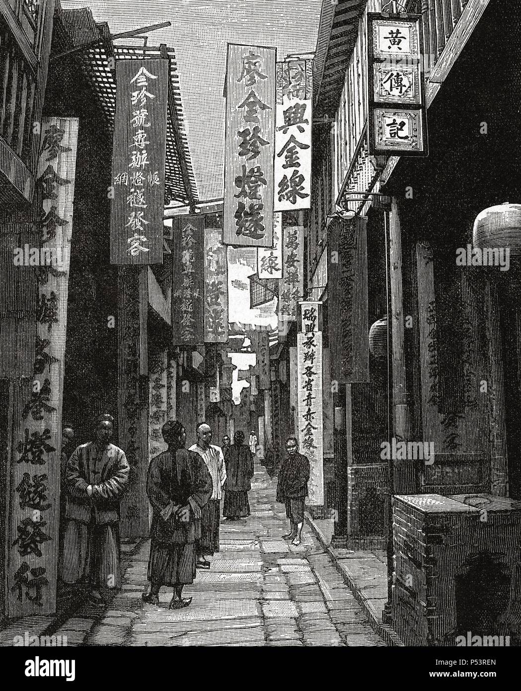 China. Canton (Guangzhou). 19th century. Street. Engraving at "The ...