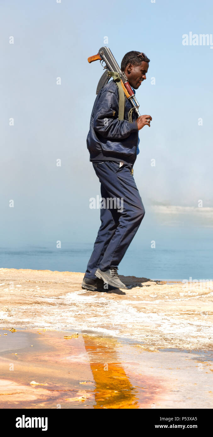 ETHIOPIA,DANIKAL-CIRCA JANUARY 2018--unidentified policeman near the ...