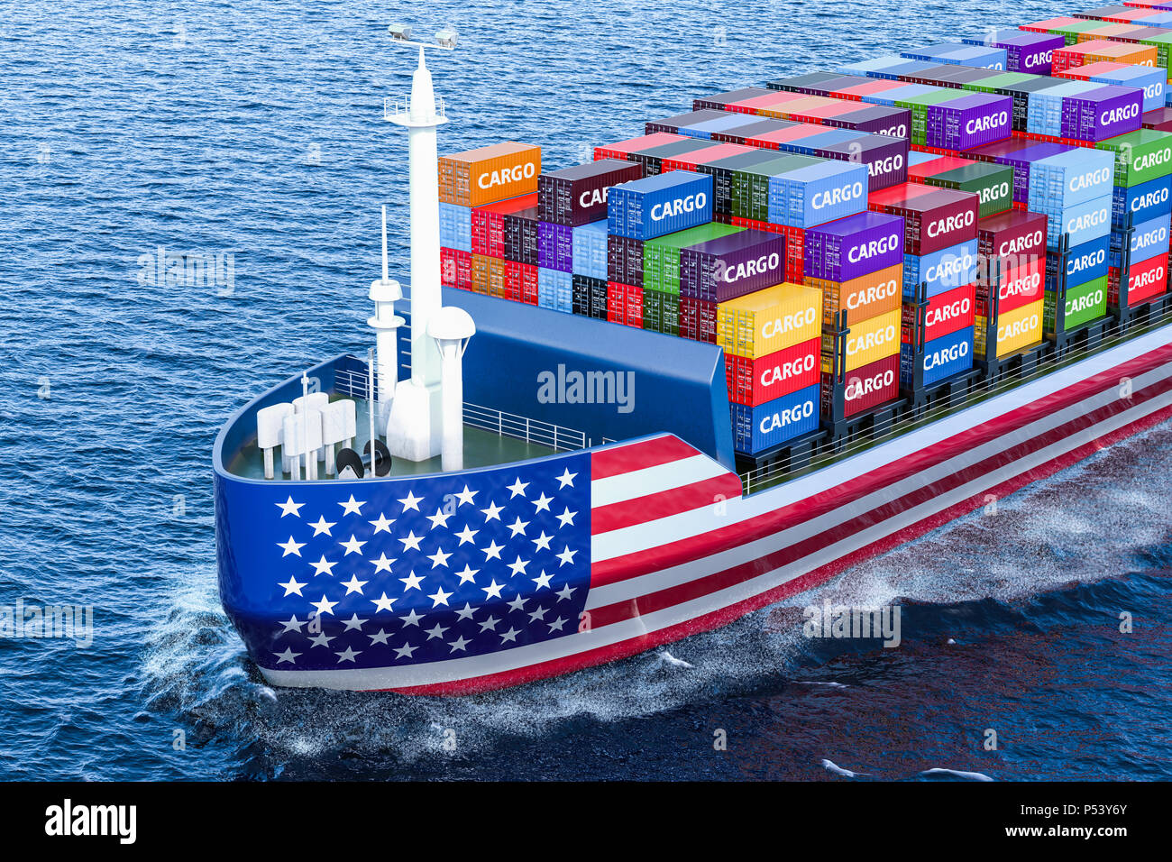 American freighter ship with cargo containers sailing in ocean, 3D ...