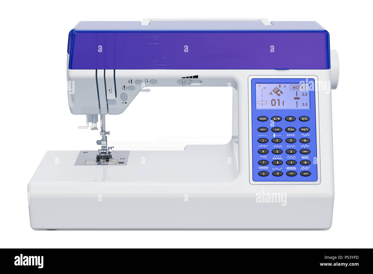 Modern electronic sewing machine, side view. 3D rendering Stock Photo ...