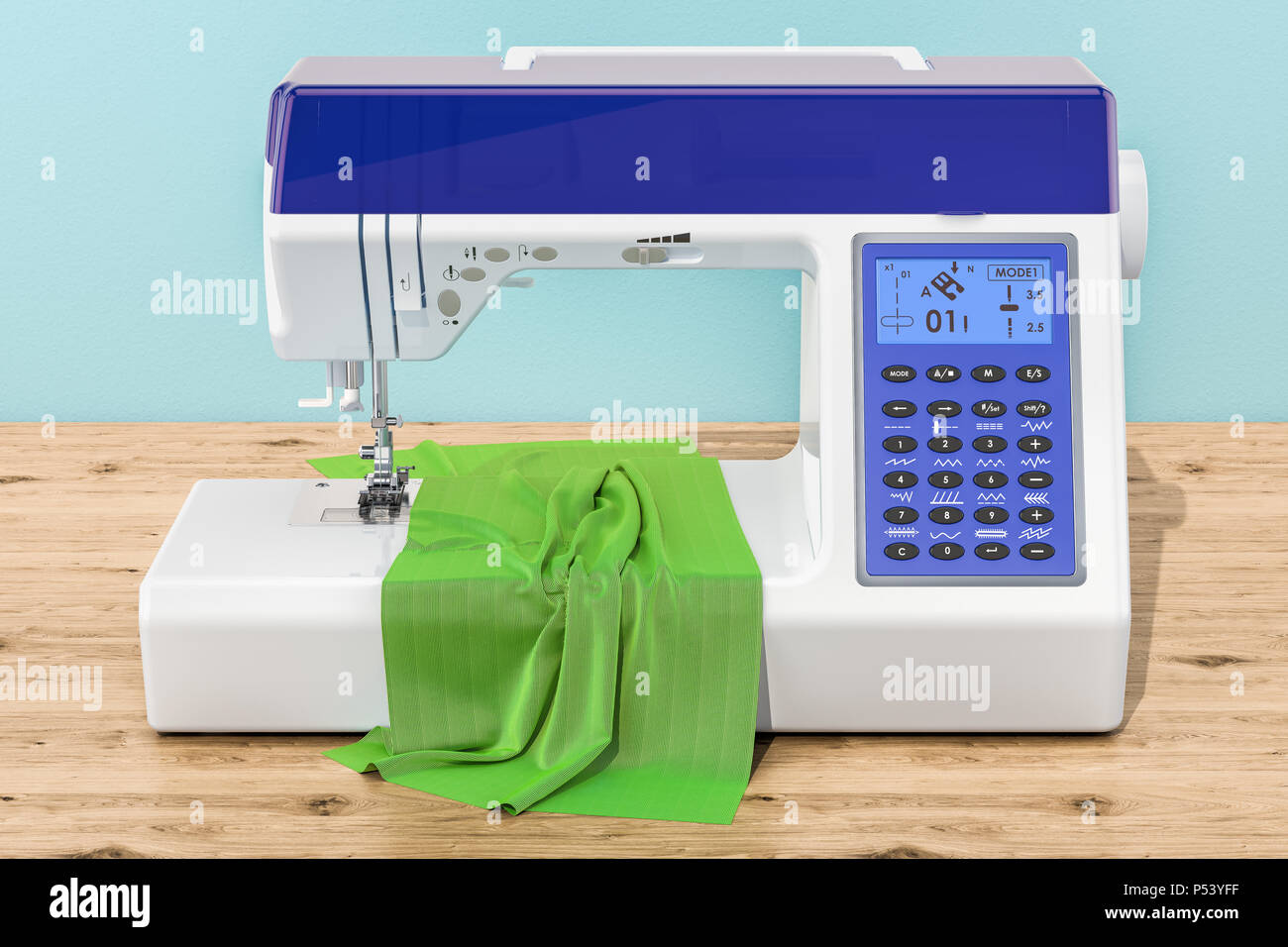 Modern electronic sewing machine with fabric on the wooden table. 3D ...