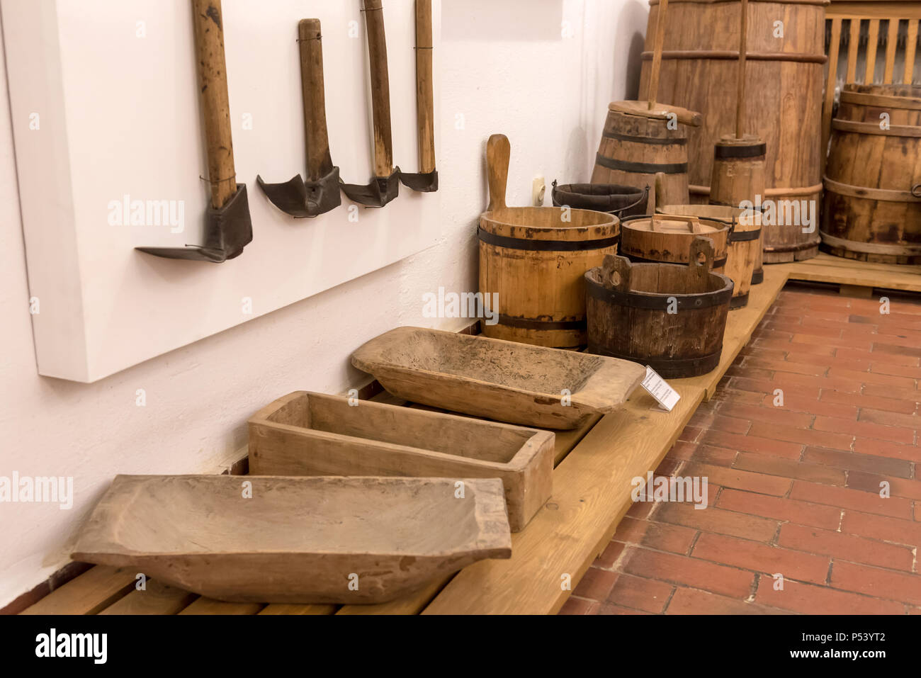 BYTOW, POLAND - June 1, 2018: Different cooper's tools in museum of ...