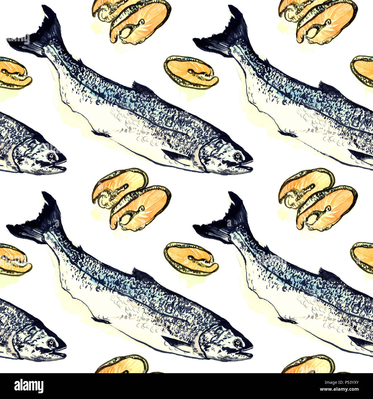 Salmon fish and pieces, seamless pattern design, isolated hand painted ...