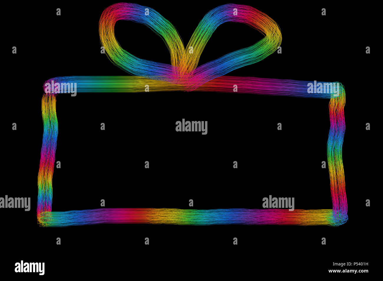 Hand drawn colourful present box with bow illustration on a black ...