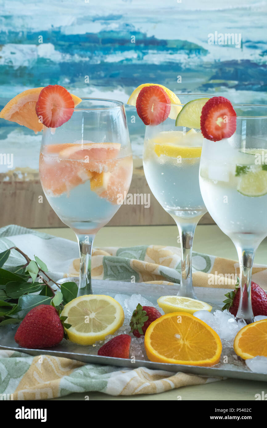 Refresh your thirst in style-sparkling water garnished with fresh fruit ...