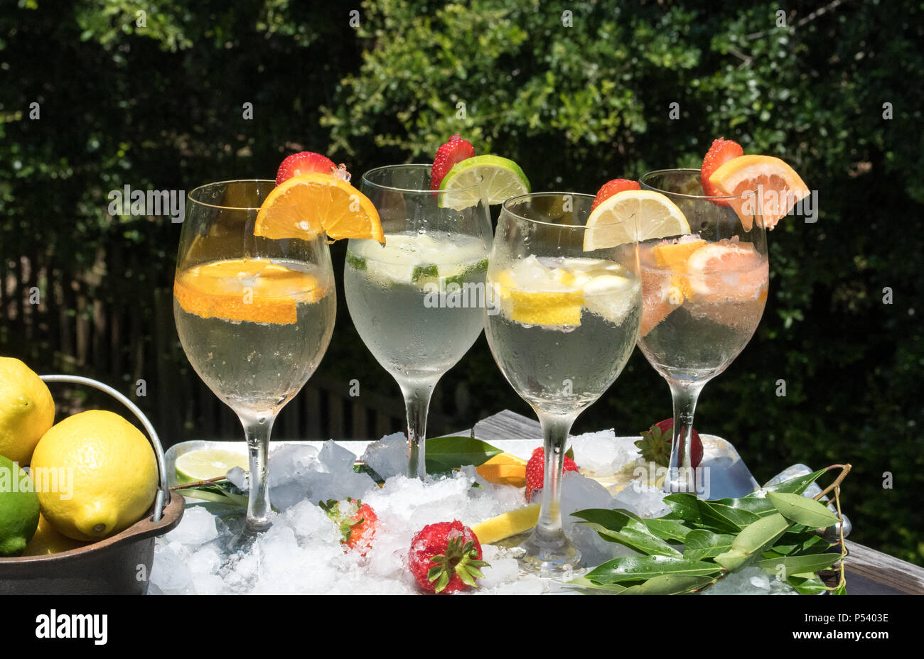 Refresh your thirst in style-sparkling water garnished with fresh fruit ...