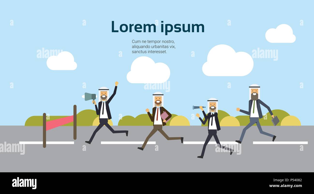 arab businessman crossing finish line, wear office suit, leader in race ...
