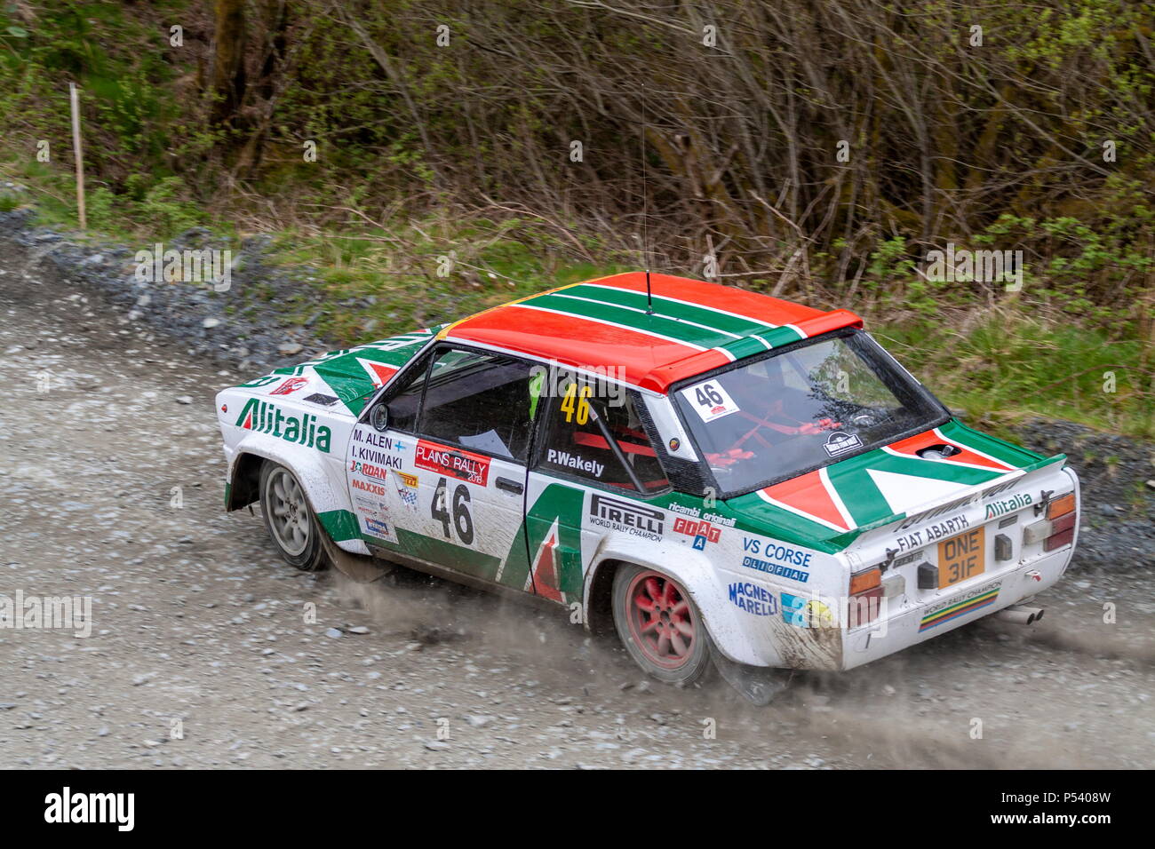 A Fiat Abarth rally car taking a corner on the Plains Rally in North ...