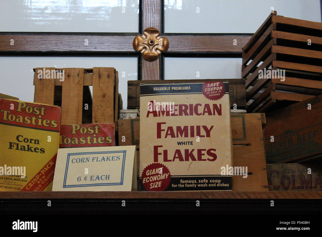 Selection of vintage food boxes on a shelf Stock Photo - Alamy