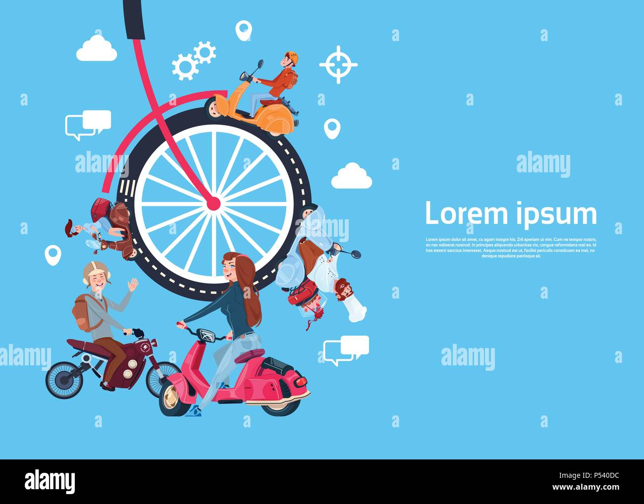 bicycle wheels people on scooter, teamwork process concept, modern ...