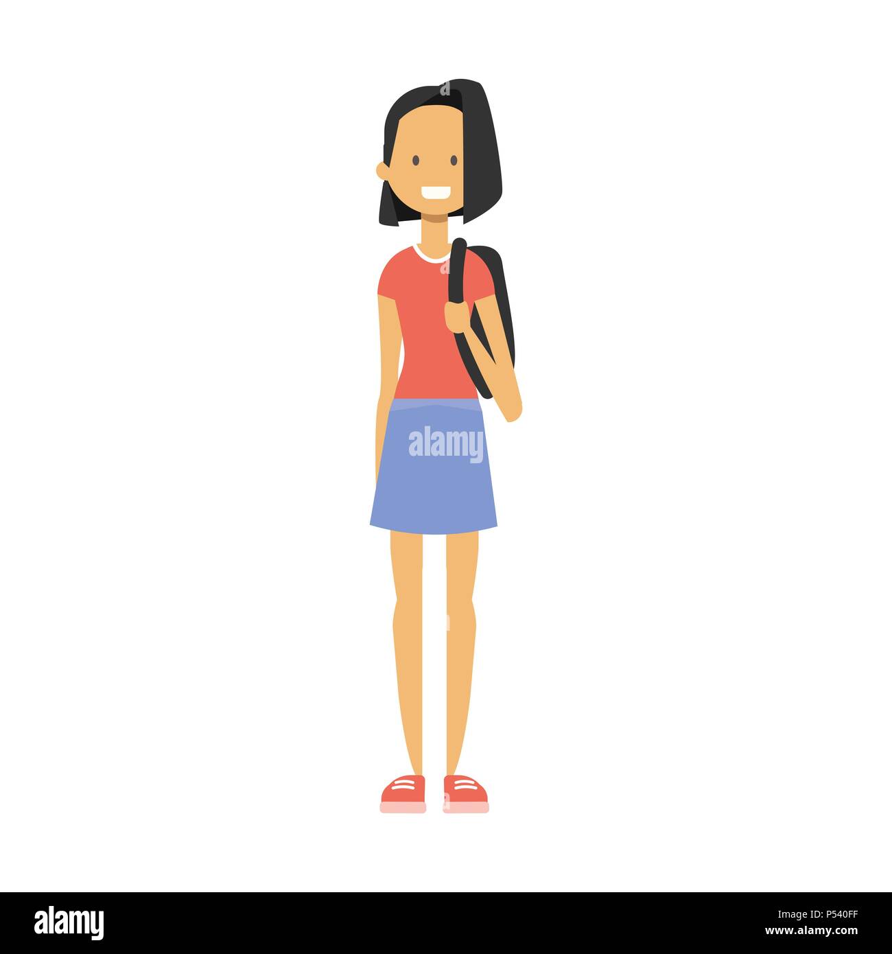 casual girl with backpack, happy student full length avatar on white ...