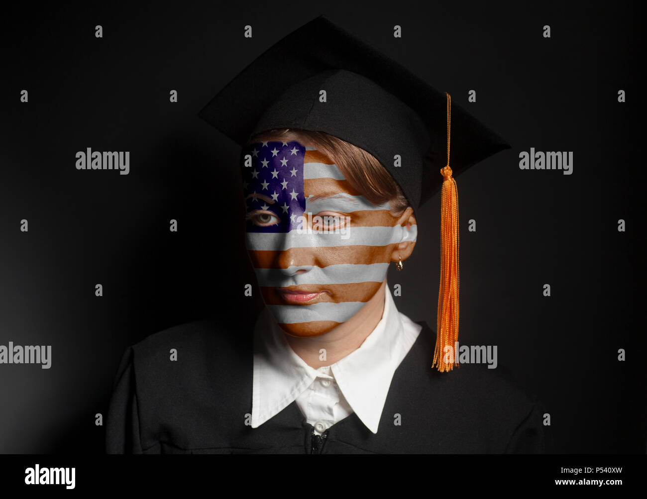 Portrait of Female American bachelor with painted USA Flag in Black ...