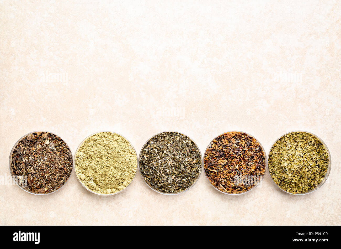 bowls of seaweed diet supplements (bladderwrack, sea lettuce, kelp ...