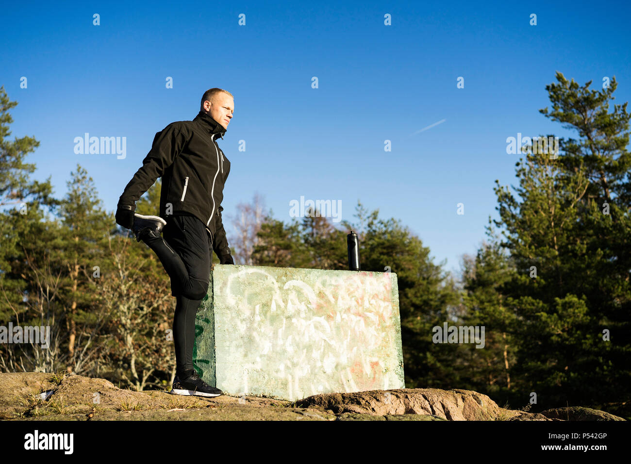 Male caucasian middle age boxer training outside in nature. Nice sunny ...