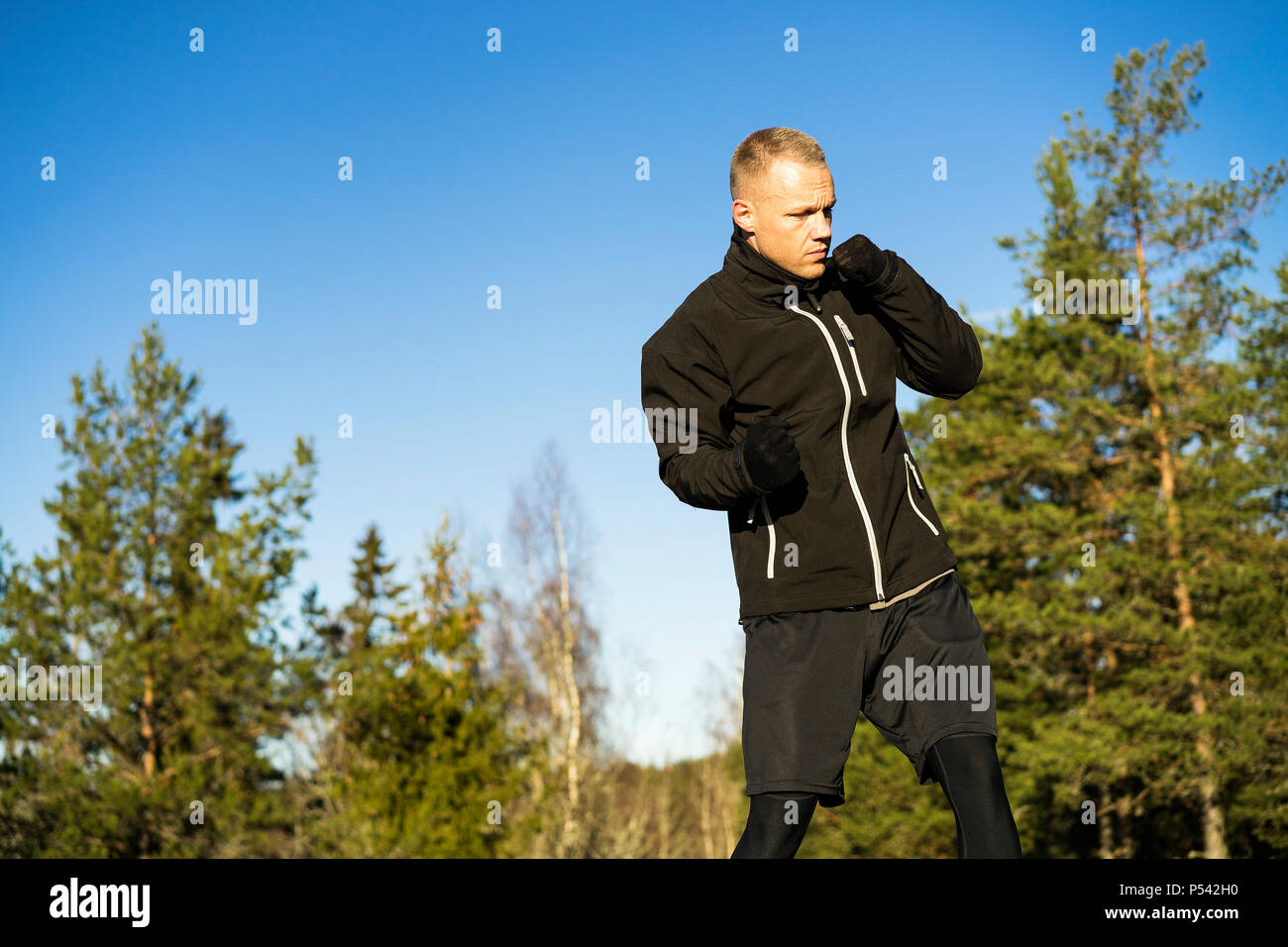 Male caucasian middle age boxer training outside in nature. Nice sunny ...