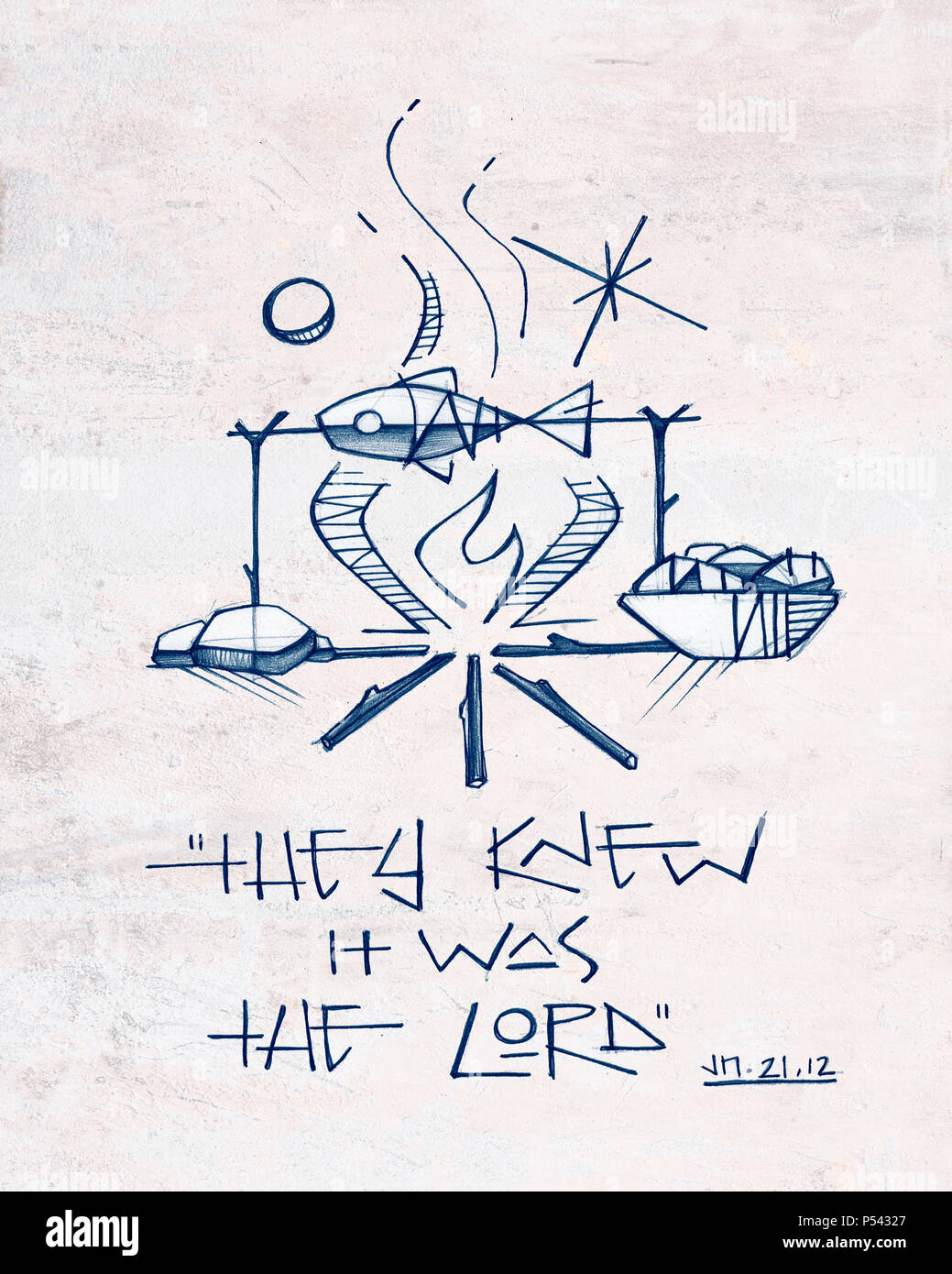 Hand drawn pencil illustration or drawing of a fish, bread and the ...