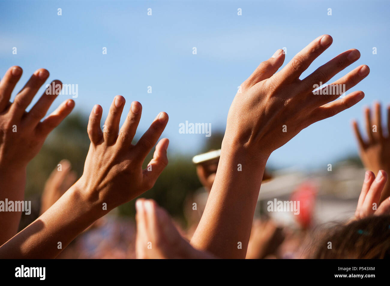 Crowded people hands up at a day time concert Stock Photo - Alamy