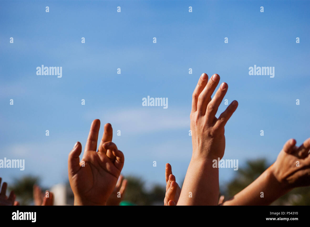 Crowded people hands up at a day time concert Stock Photo - Alamy