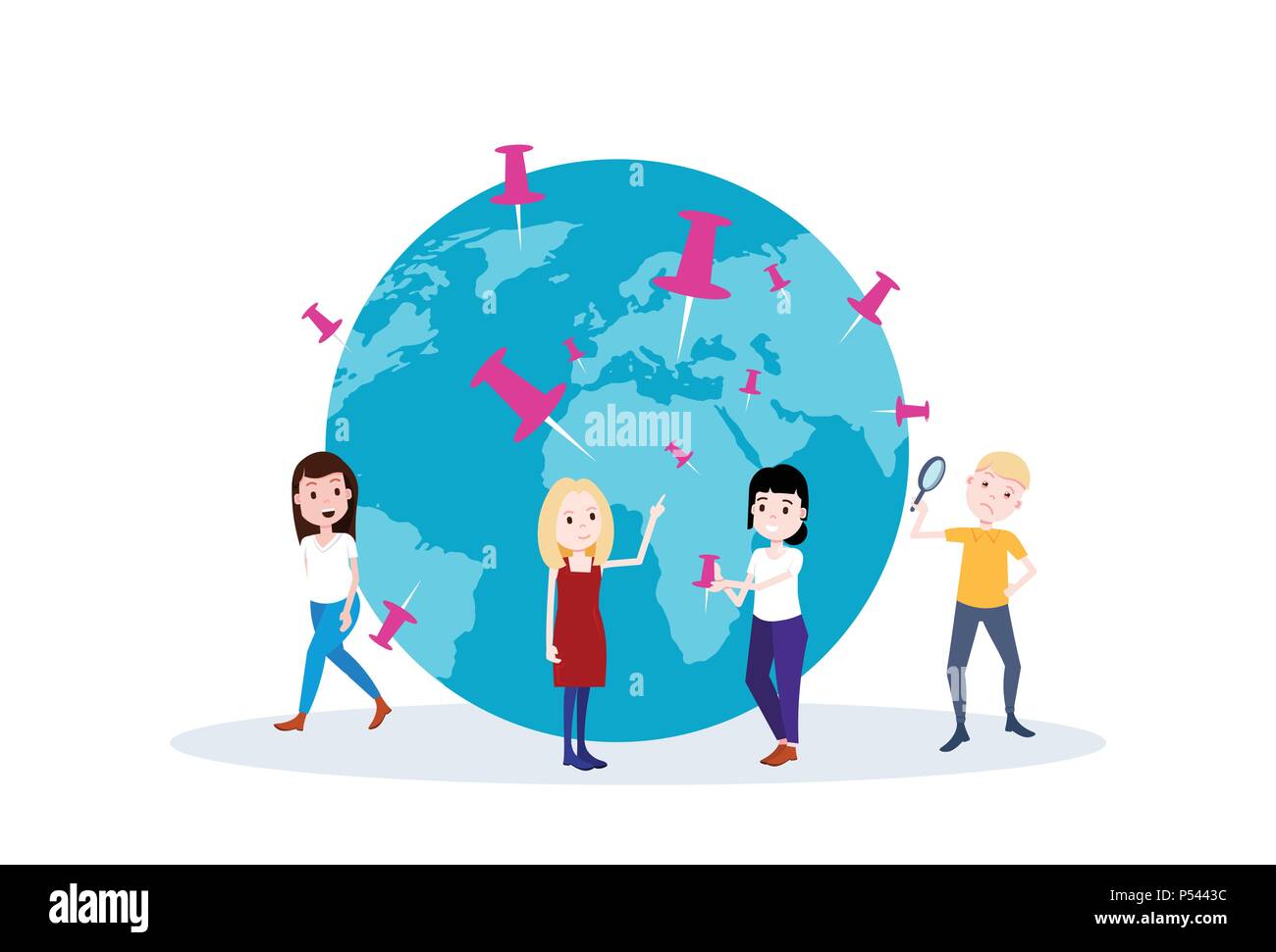 man woman team character search at globe mark with magnifier point ...