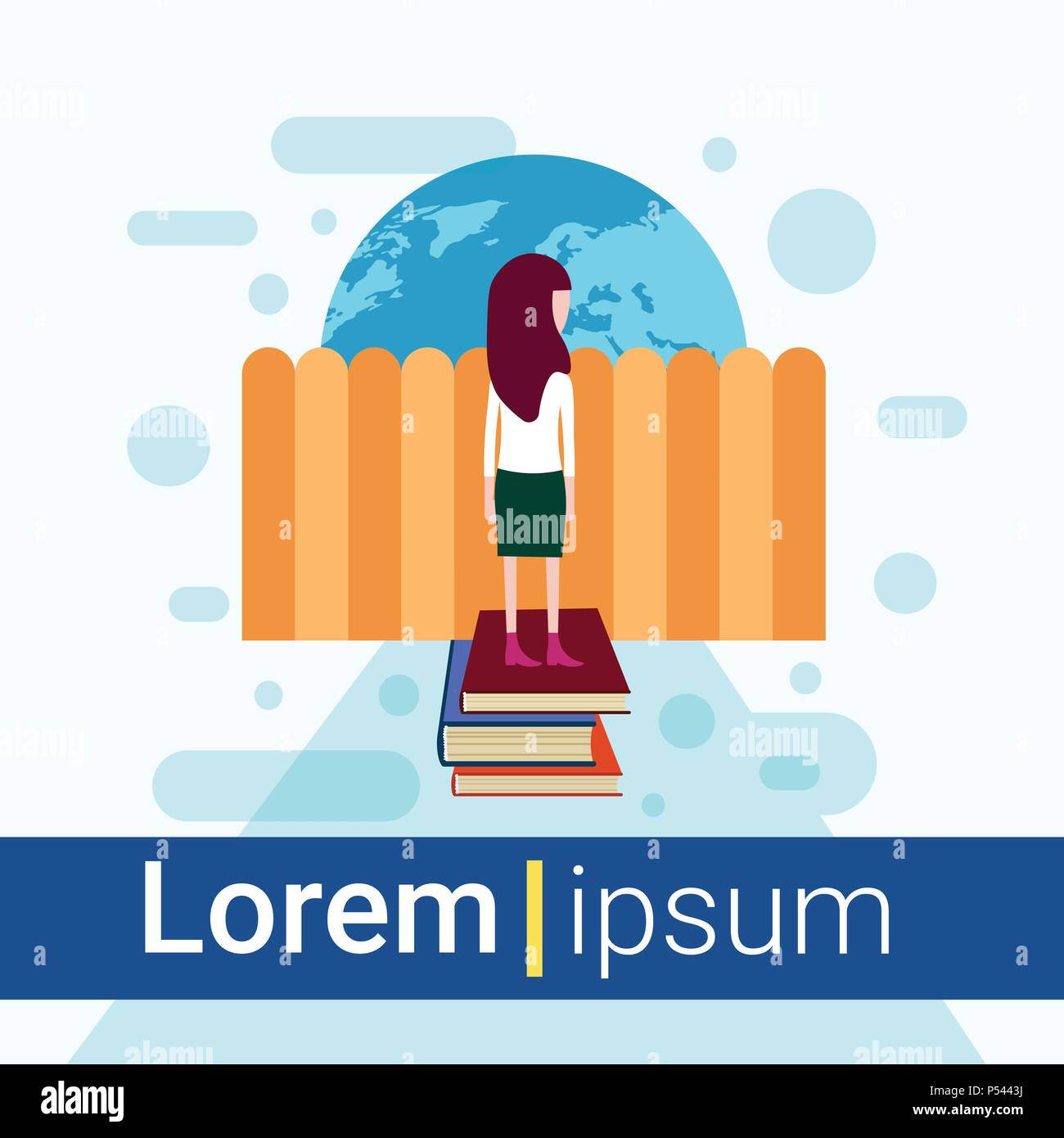 girl character stay books stack peeking fence look at globe over ...