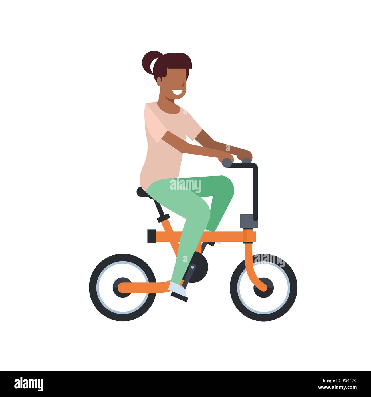 african woman riding electric bike over white background. cycling ...
