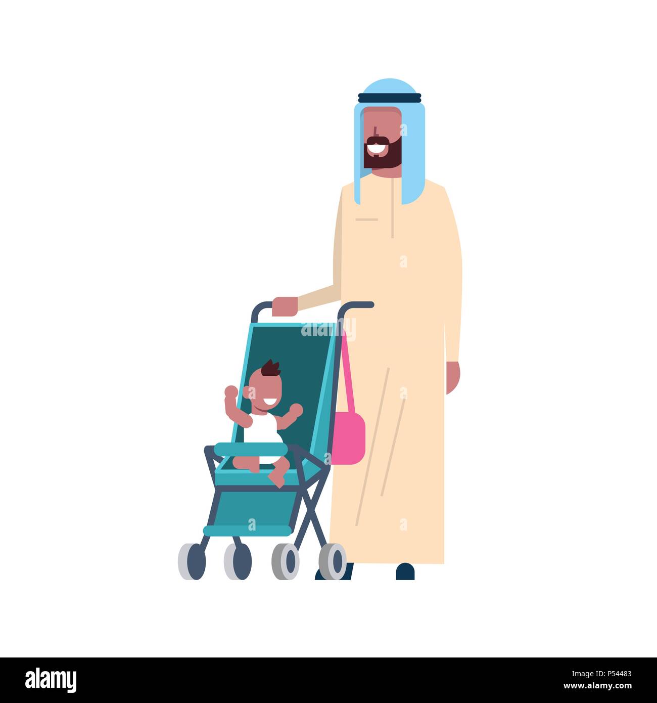 arab father beard with baby son in stroller full length avatar on white ...