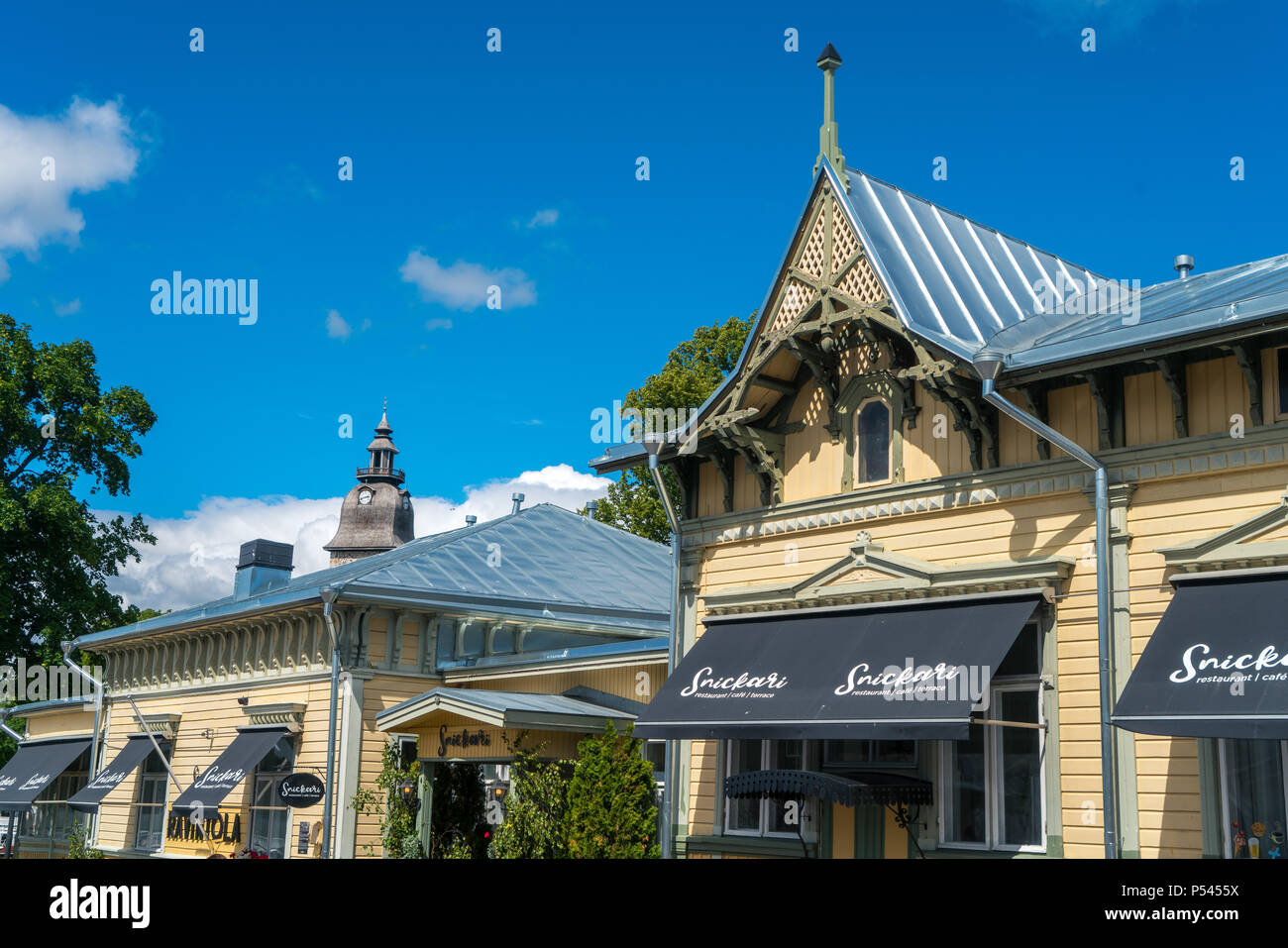 NAANTALI, FINLAND - 23/6/2018: Old wooden building with the tower of ...