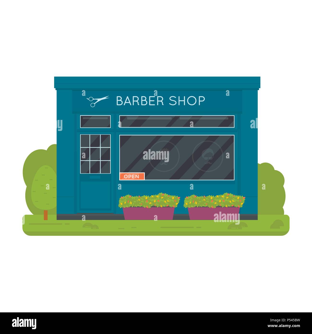 Vector flat design exterior and barber shop facade. Store front window ...