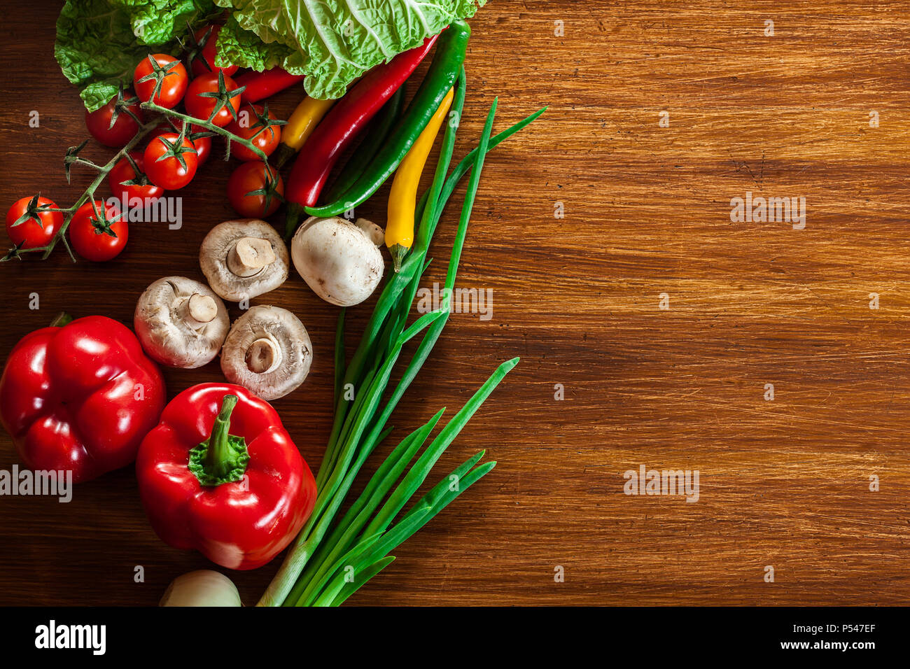 Fresh vegetable borders on wooden background with copy space Stock ...