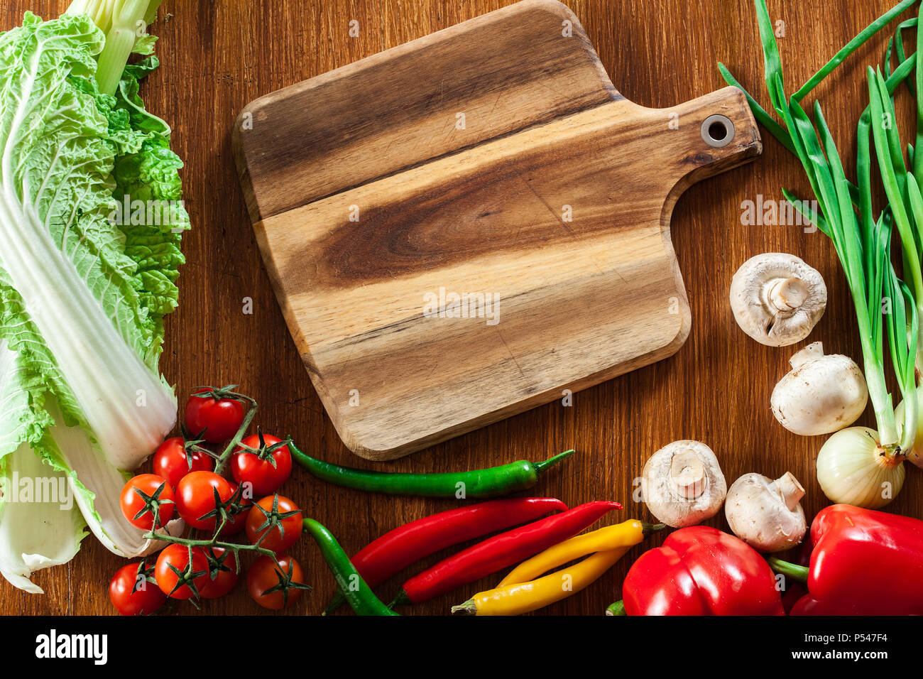 Fresh vegetable borders on wooden background with copy space Stock ...