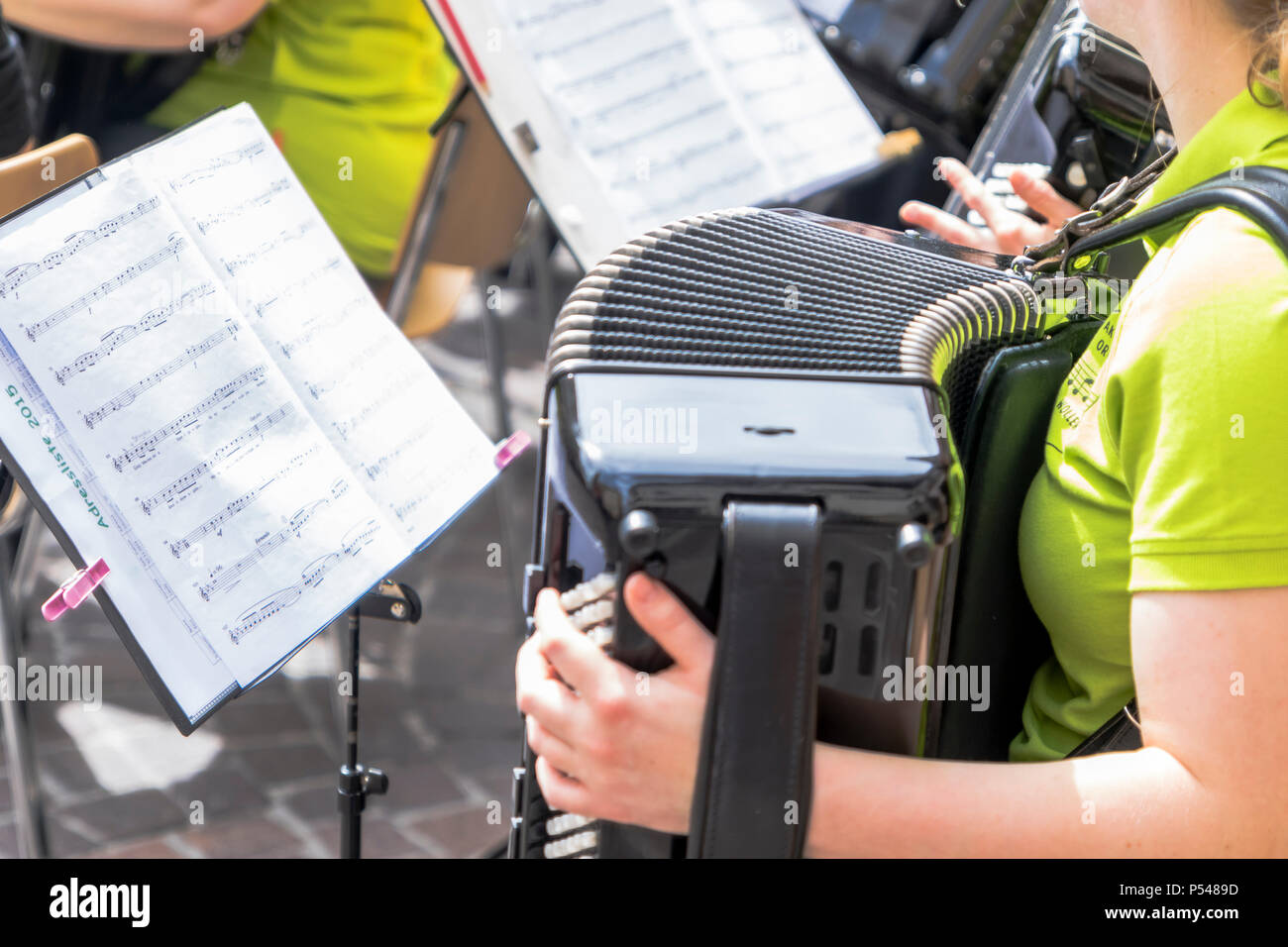 musical instruments in a band playing in the street Stock Photo - Alamy