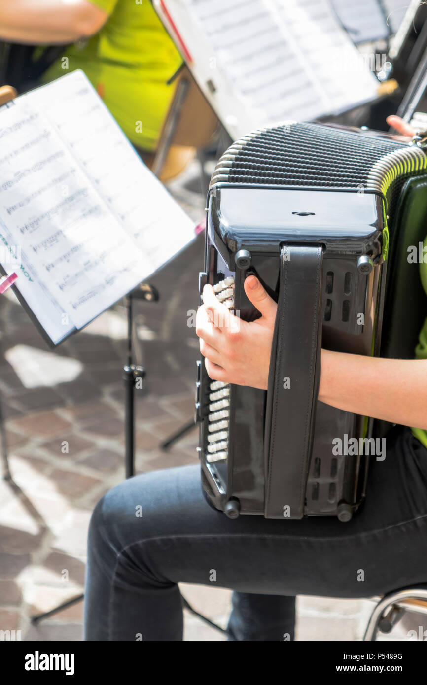 musical instruments in a band playing in the street Stock Photo - Alamy